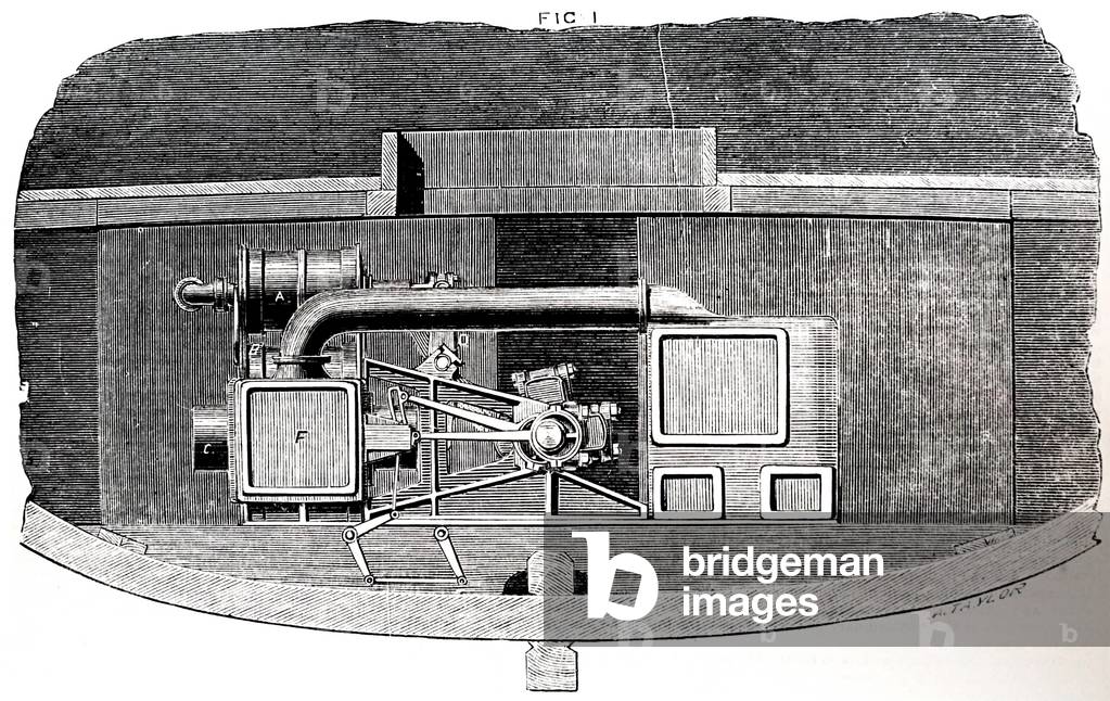 Image of Cutaway view of a steam turbine engine in a small