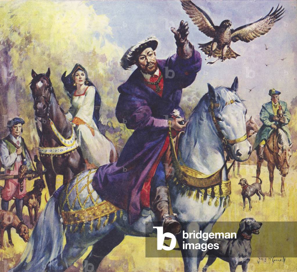 King Henry VIII and Anne Boleyn hunting (colour litho)