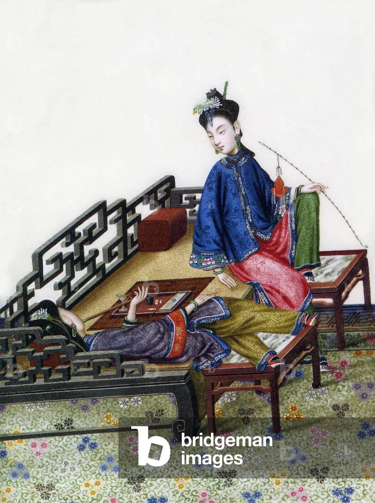 Image of China: Two ladies smoking opium, late Qing Dynasty painting.
