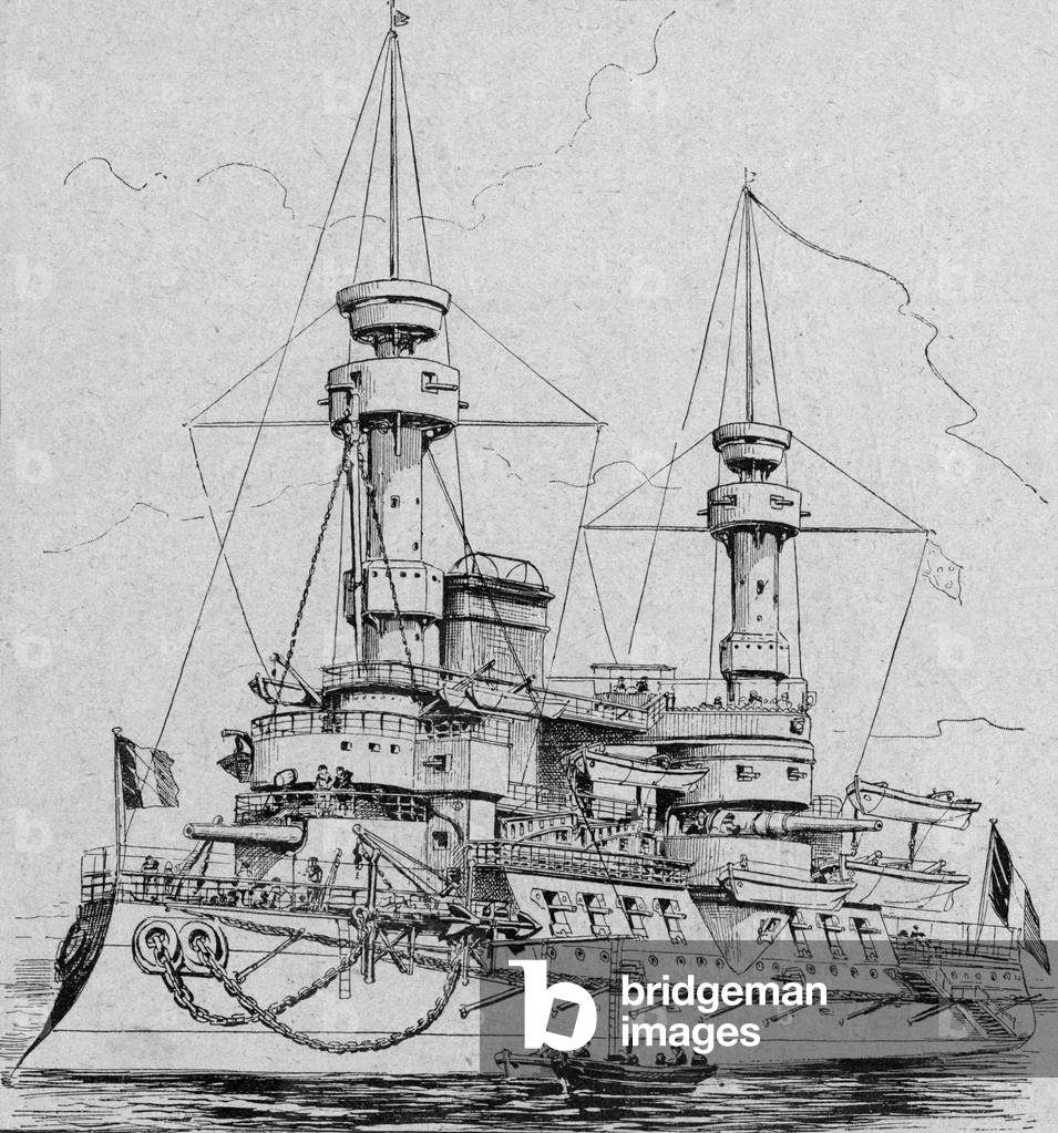 Image of French battleship "Hoche" built in Lorient in 1880, engraving