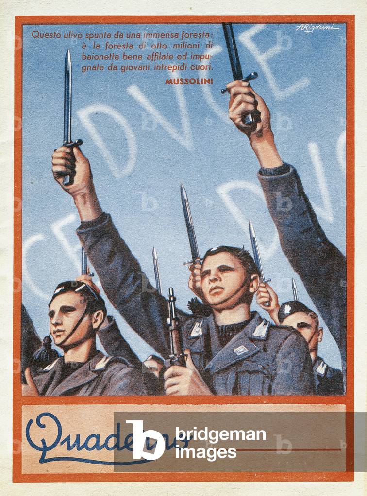 Image of Young soldiers with rifles and bayonet (at top, Benito Mussolini's
