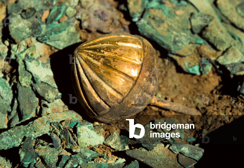 Image of Gold rattle buried in the Moche royal tomb of the by Benn, Nathan