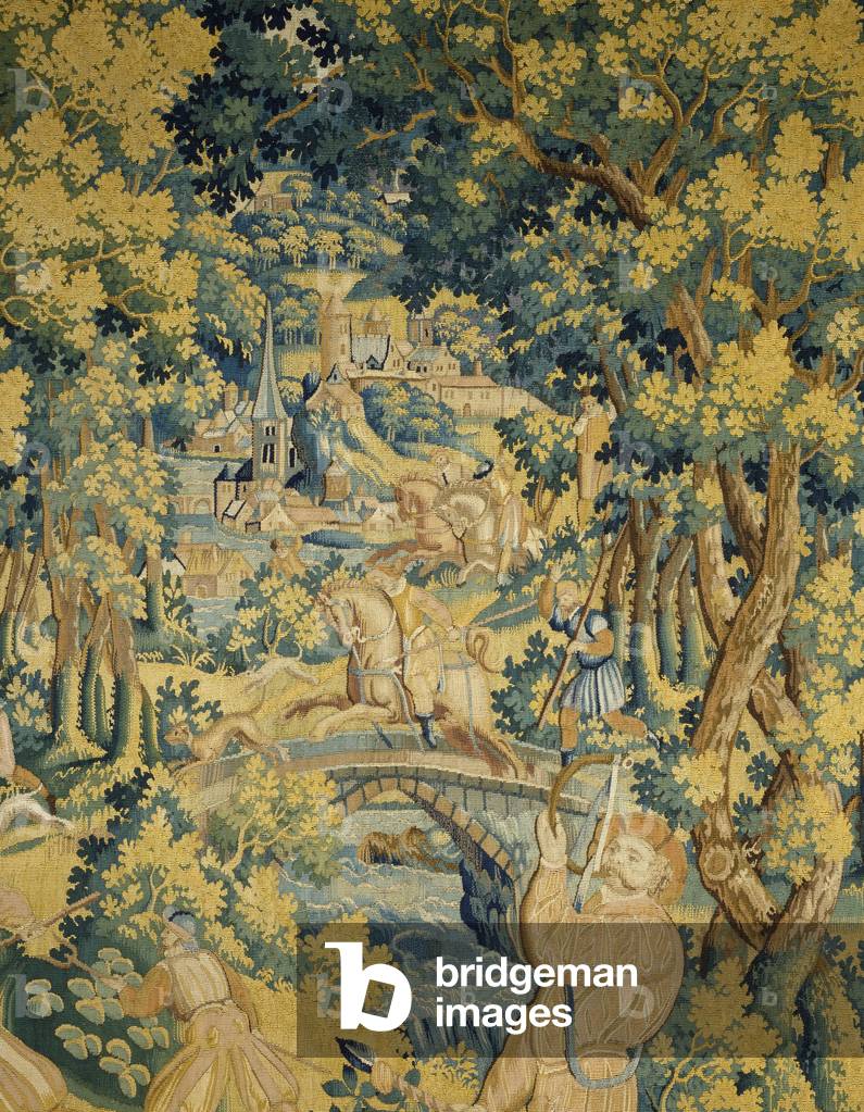 Image of Horn blower, detail from bear hunt, late 16th century, Flemish
