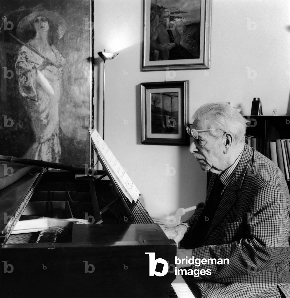 Image of Mario Soldati in his home, Milan, 1990 (b/w photo)