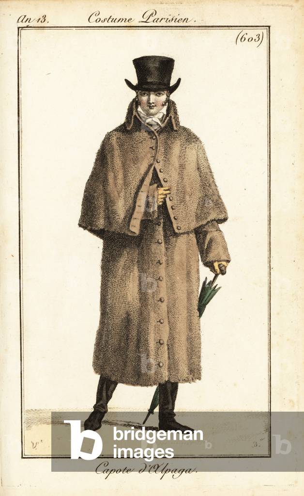 Image of French dandy in alpaca fleece carrick coat, Paris, 1804. , by ...