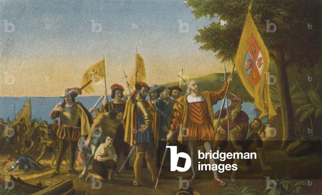 Image of Landing of Columbus on San Salvador, 12 October 1492 (colour ...