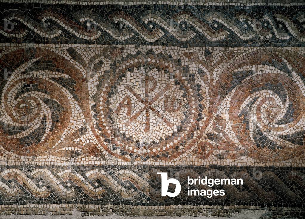 Image of Roman mosaic depicting the Chi-Rho symbol with alpha and omega.