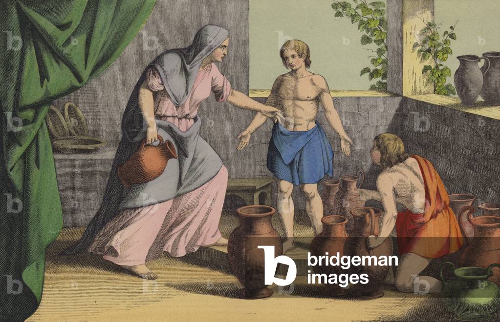 Image of Elijah multiplying the Widow's Oil (colour litho) by English ...