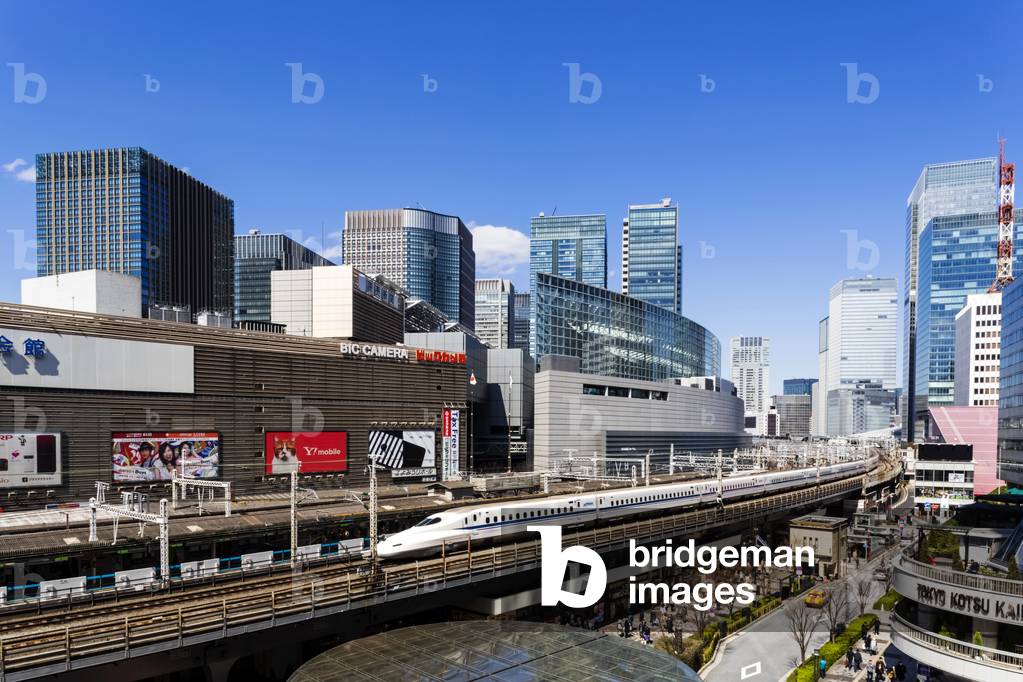 Image of Japan, Honshu, Tokyo, Yurakucho, Skyline and Shinkansen Bullet ...