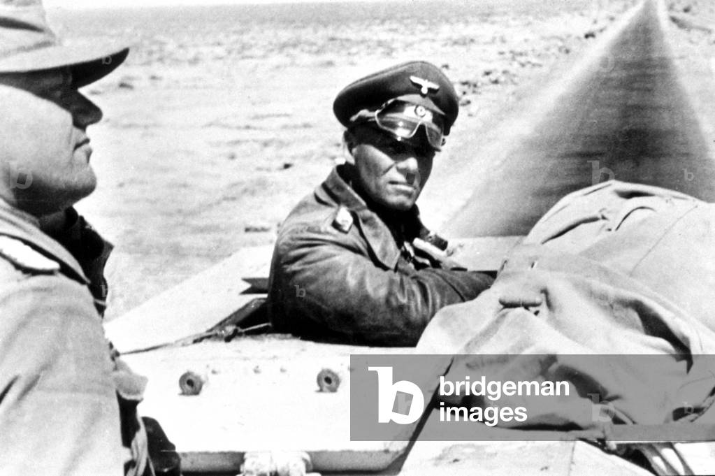 Image of German marshal Erwin Rommel on patrol in armoured vehicle during