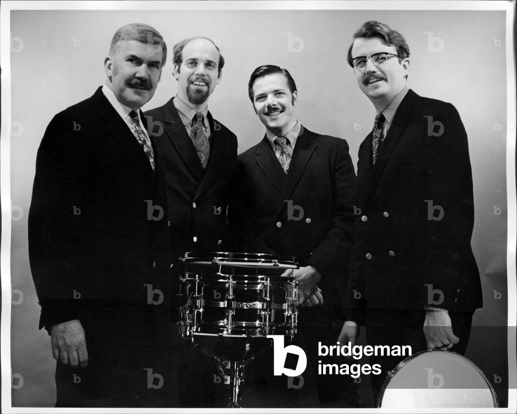 Image of New Percussion Quartet posing with snare drum , 1966