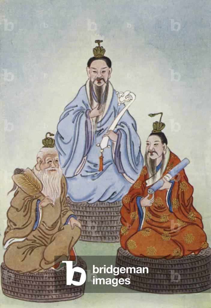 Image of The Taoist Triad (colour litho) by Chinese School (20th century)