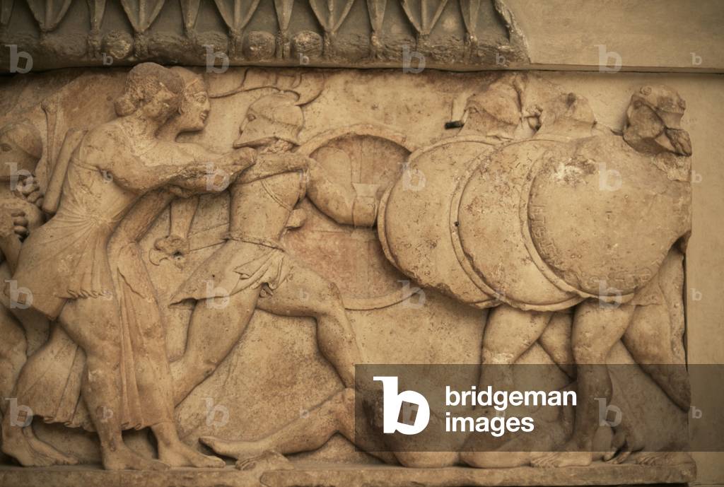 Image of Apollo, Artemis, fleeing giant, fallen warrior, three giants ...