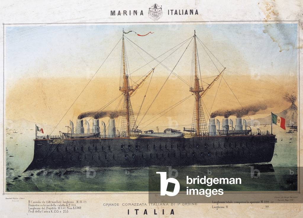 Image of Battleship Italia, color engraving, Italy, 19th century