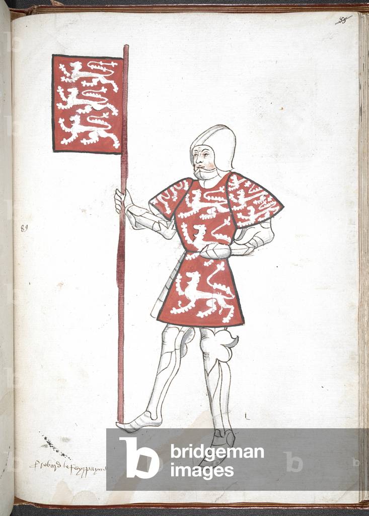Image of Knight, in armour and tabard, holding a sword and a