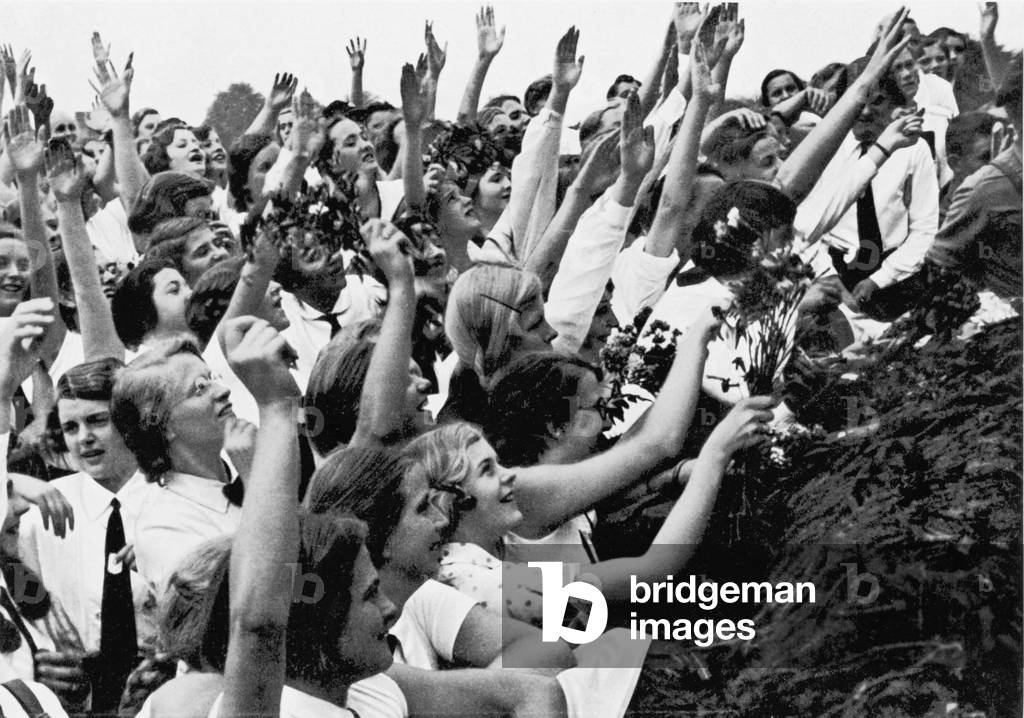 Image of Germans Cheering Hitler, Germany, c.1934 (b/w photo)