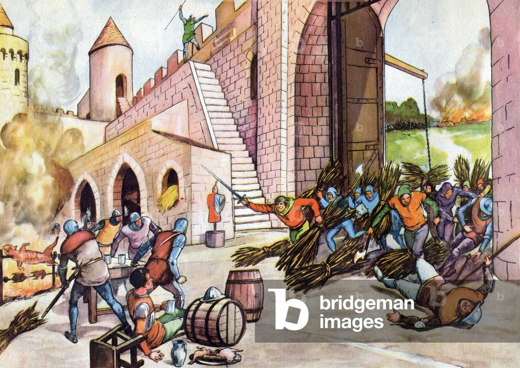 Image of Duguesclin troops going in a fortified castle, c.1370, 1948 ...