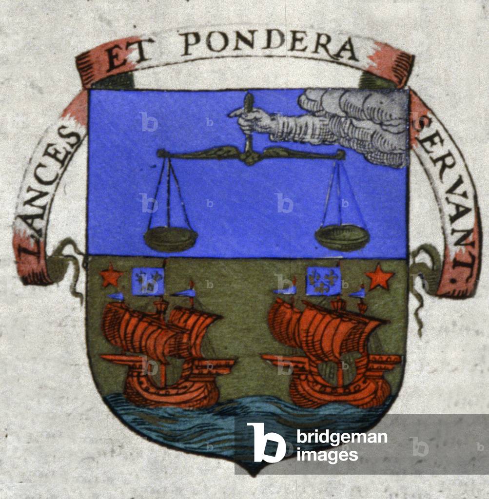 Image of heraldic crest and Latin motto of the pharmacists and grocers,