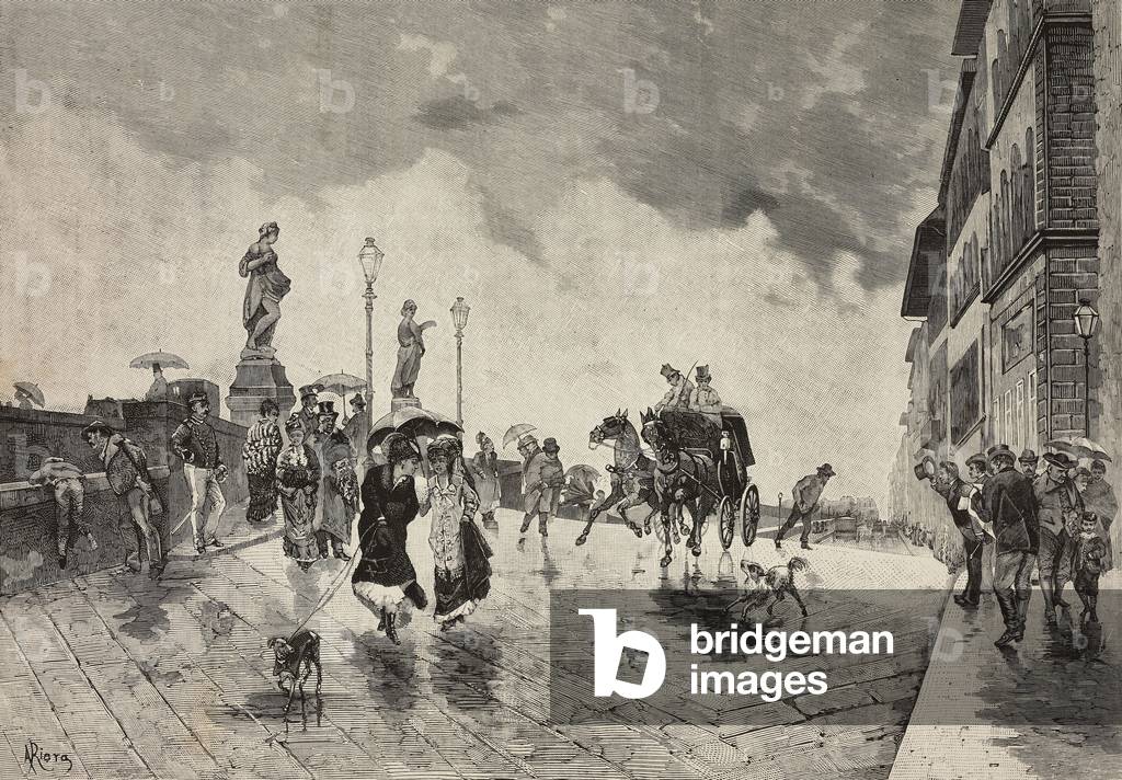 Image of The Lungarno in Florence, engraving from painting by Antonino Leto