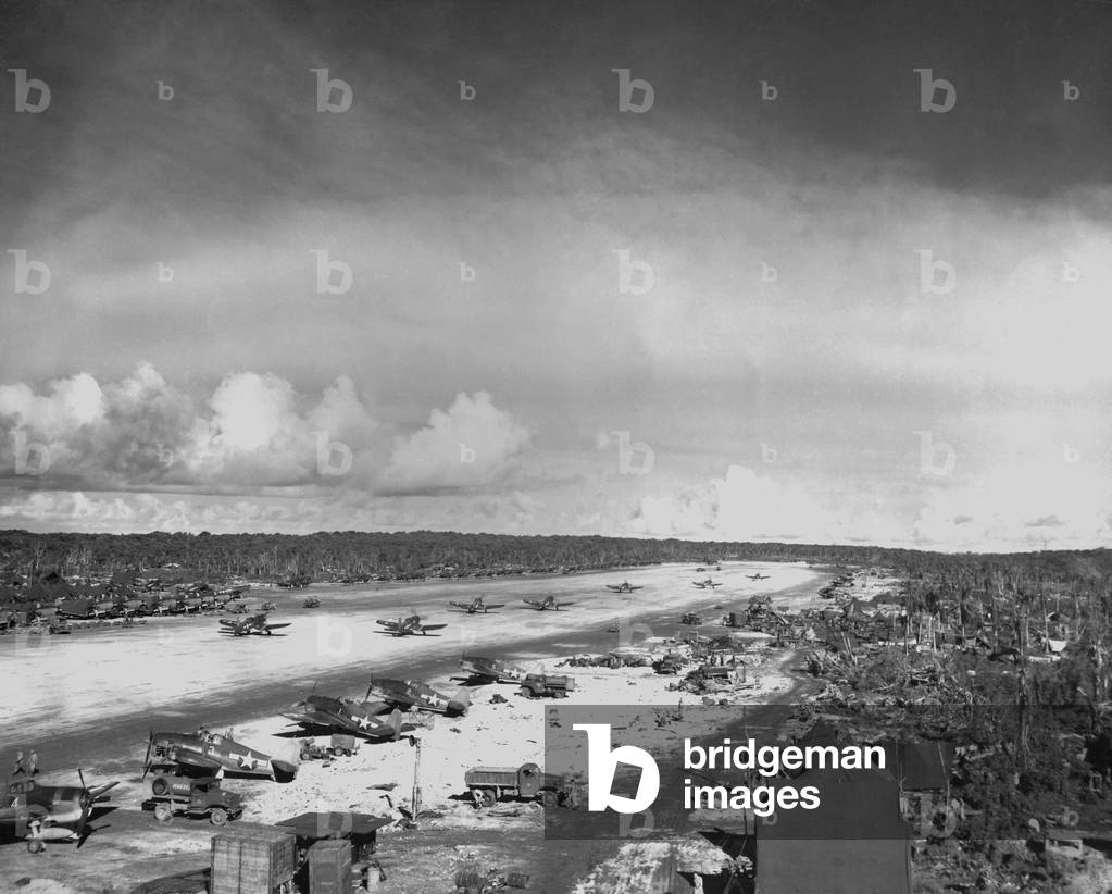 Airstrip on Orote Peninsula captured by U.S. Marines in the Battle of Guam, July-Aug. 1944 ...