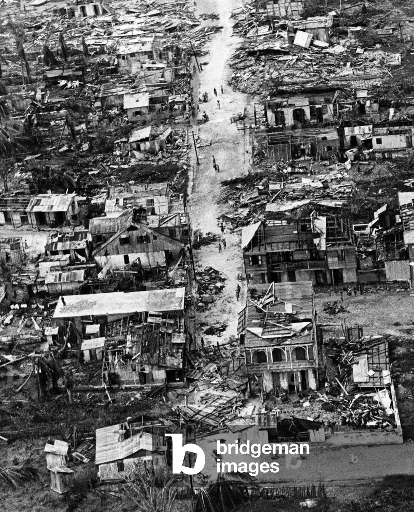 Image of Hurricane Flora damage in Haiti, 1963 (b/w photo)