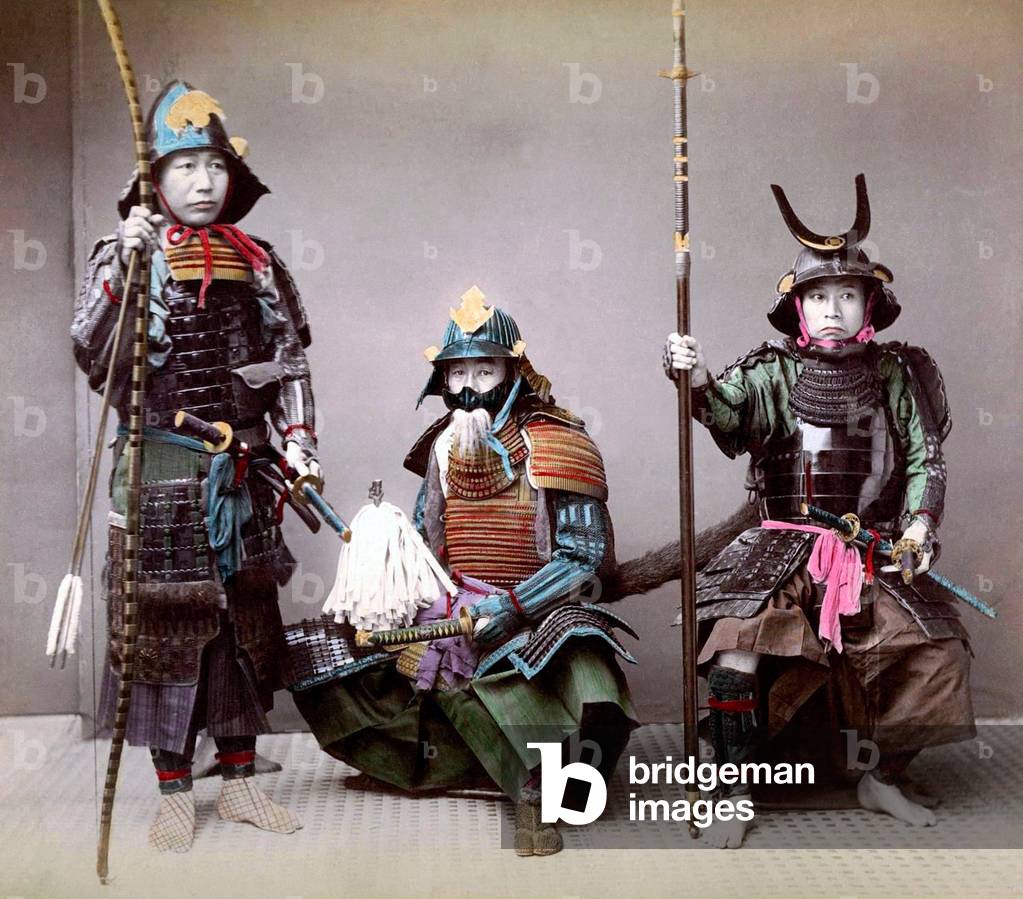 Japan: Three samurai posing in full armour. Hand coloured albumen print ...
