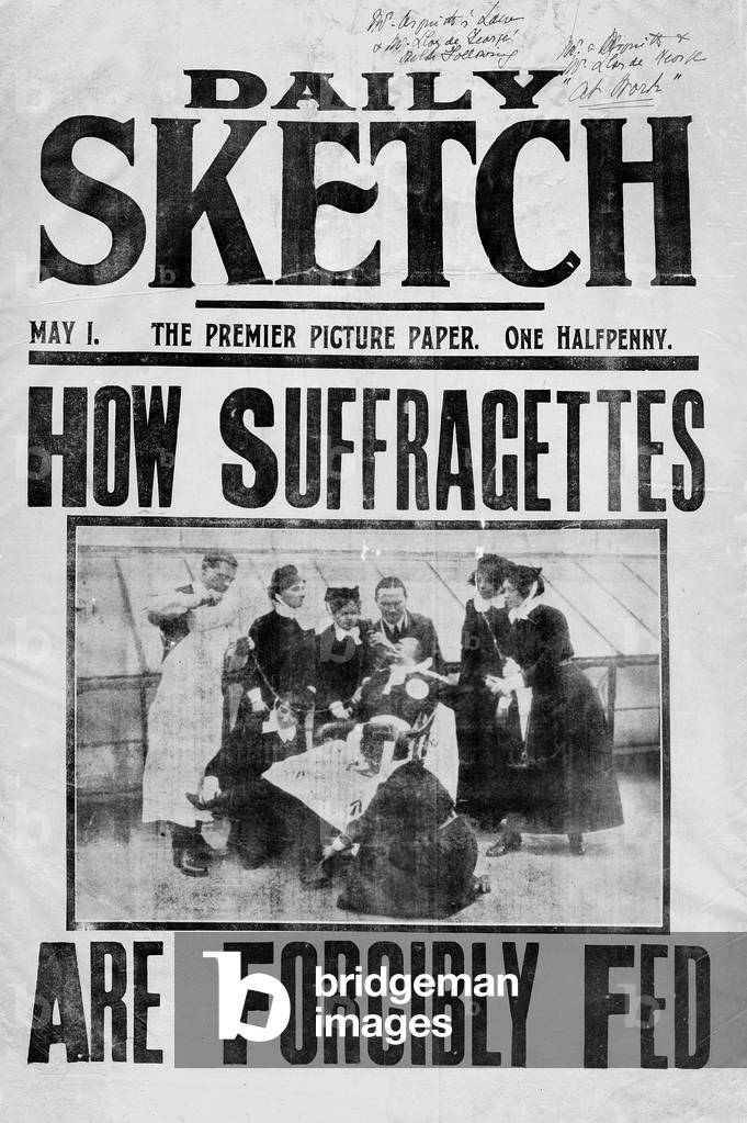 Image of Front page of the 'Daily Sketch' showing suffragettes being force