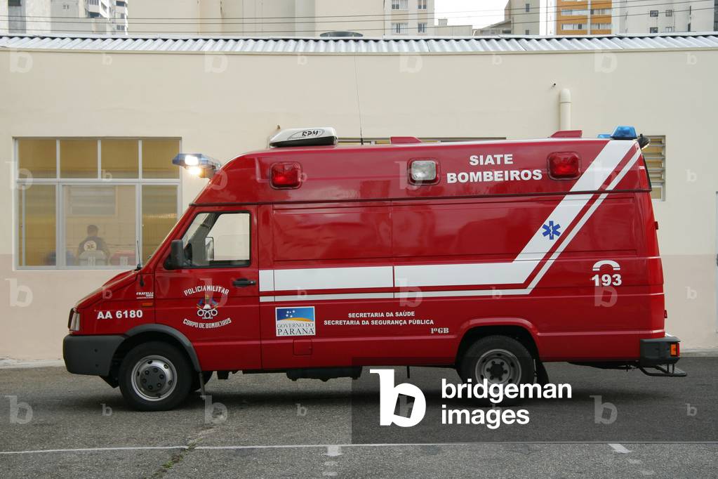 Image of Brazilian fire brigade ambulance parked outside fire station ...