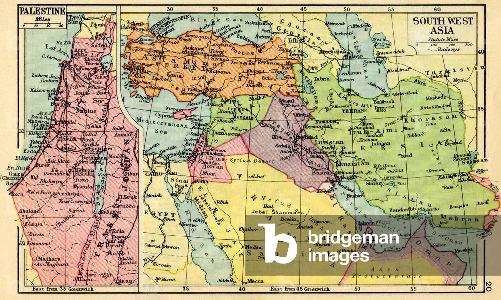 Image of A 1930's map of Palestine, left and south west Asia,