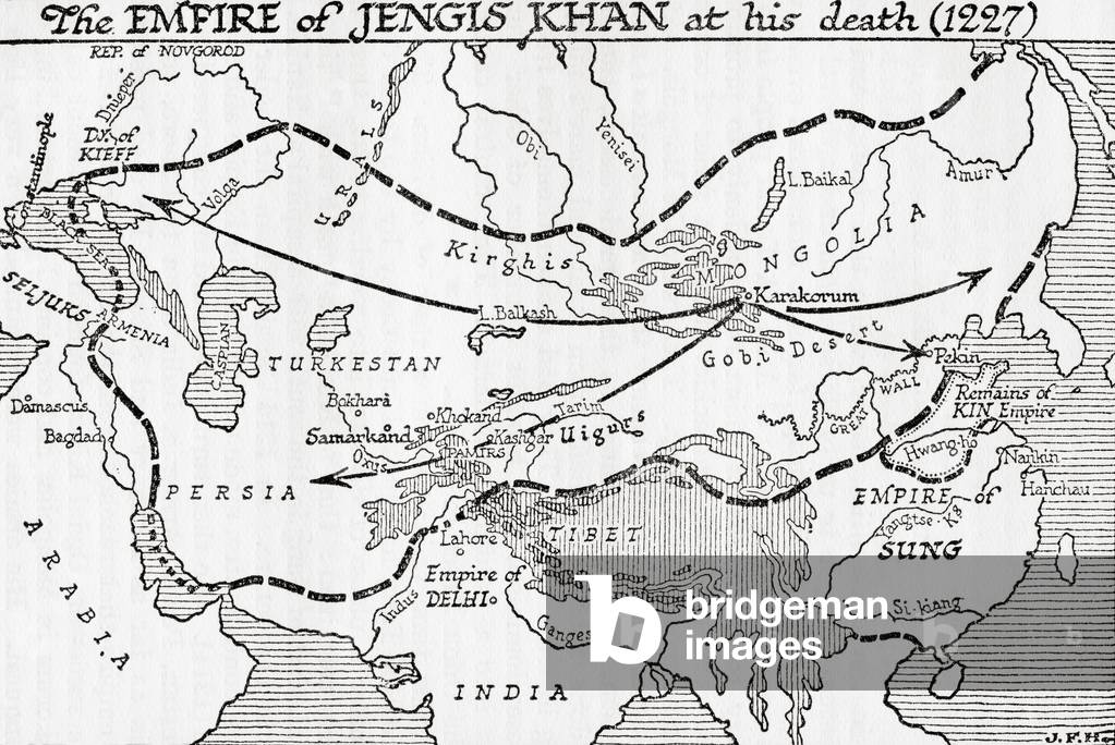 Map showing the Empire of Jengis Khan, or Genghis Khan, at his death ...