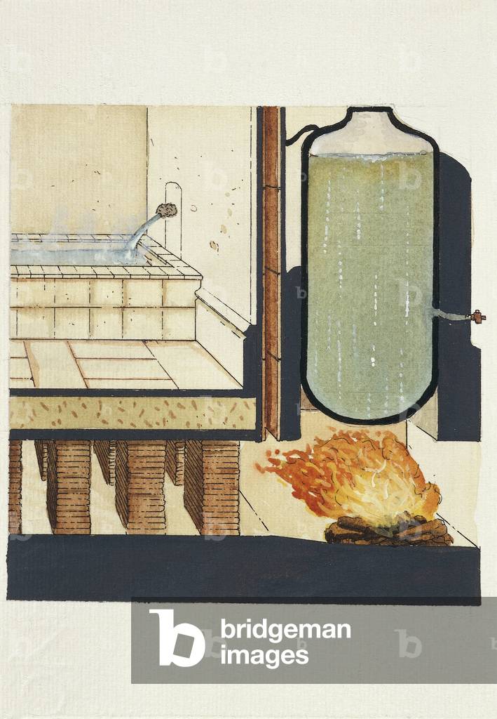 Image of Hypocaust thermal heating system, cross section, drawing