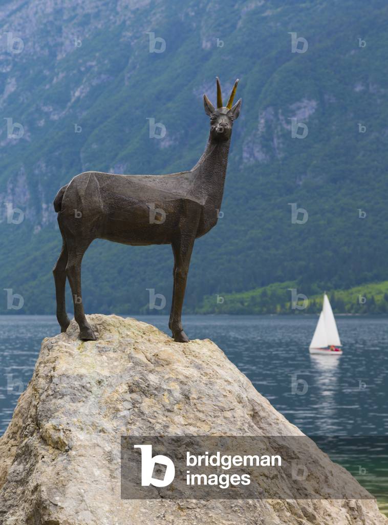 Image of Statue of Zlatorog on the shore of the lake, Lake