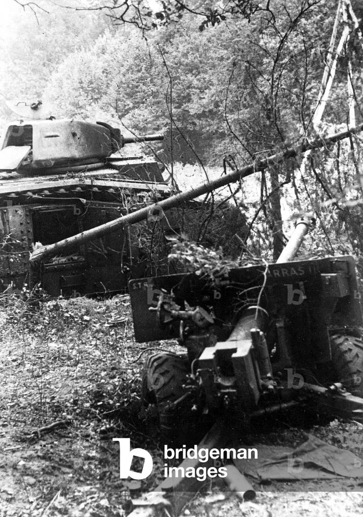 Image of Shot-down tank on the Western Front, 1944 (b/w photo)