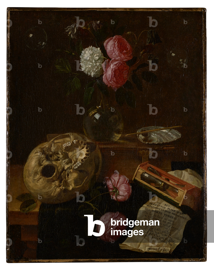 Image of Vanitas with Hourglass and Skull (oil on canvas) by Sion ...