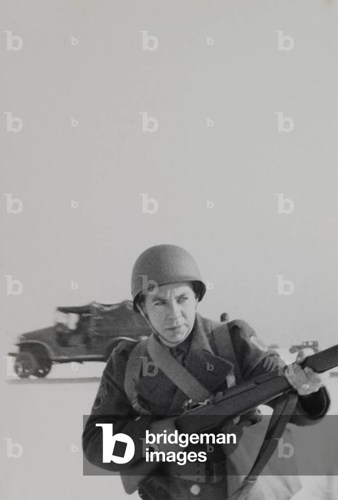 Image of Military Soldier in Uniform Pointing Rifle Portrait, WWII, HQ