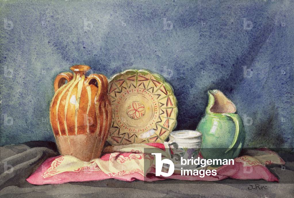Image of A Still Life Display of Ceramic Objects on Fabric (w/c) by Rec ...