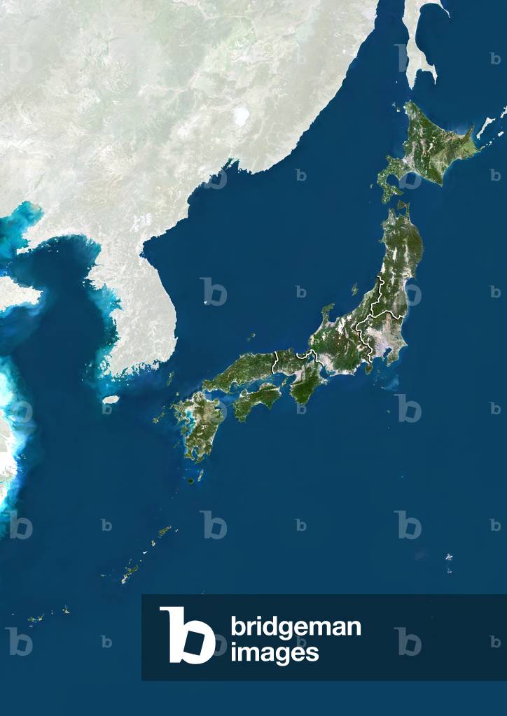 Image of Japan, True Colour Satellite Image With Boundaries of Regions
