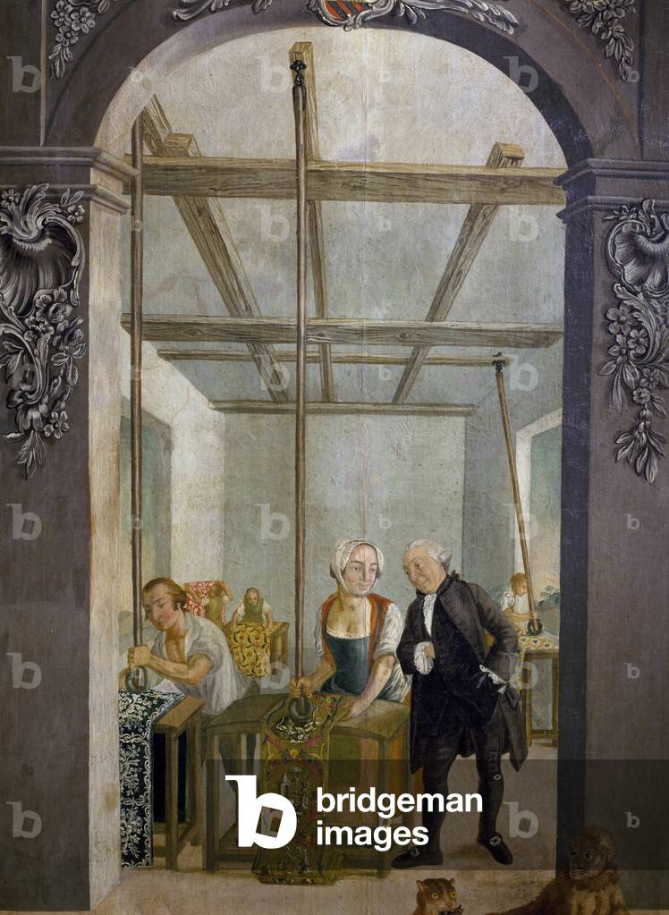 Image of Silking department, 1764, detail from painting by Mary Gabriel ...