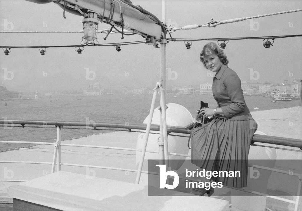 Image of Marina Cicogna on a yacht, Italy, 1955 (b/w photo)