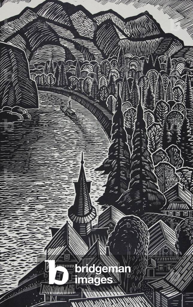 Image of Baikal, Village by the River, c.1960s (linocut) by Akhunov ...