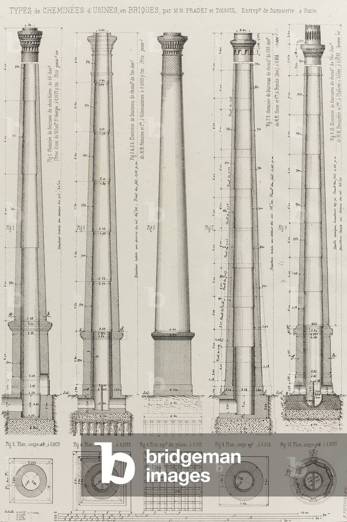 Image of Industrial brick chimneys (elevation and sections), designed ...