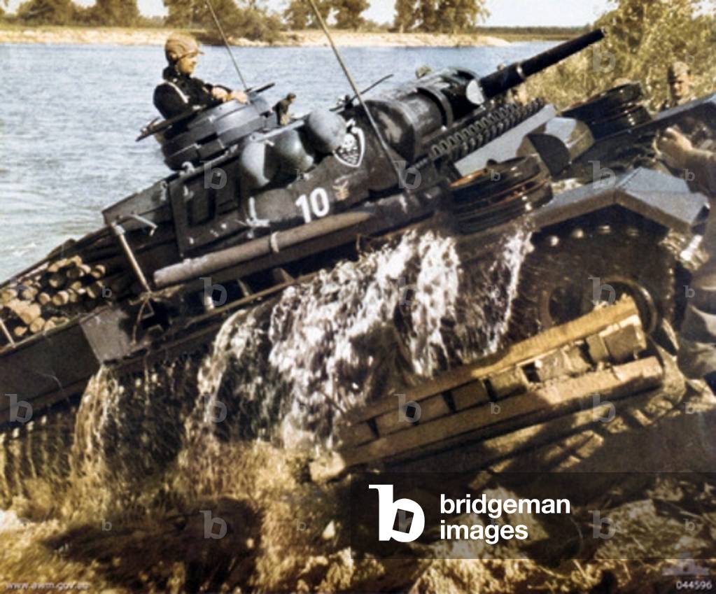 Image of German World War Two Panzer Mark iii tank, crossing a