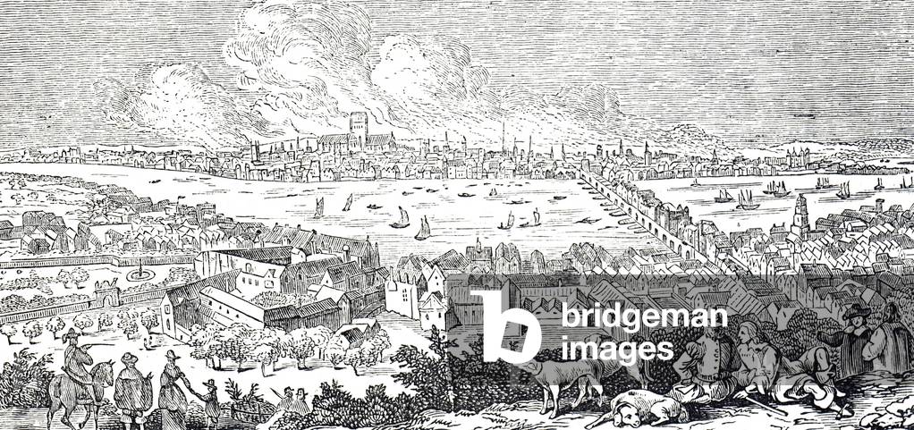 Image of Engraving depicting a view of London during the Great Fire