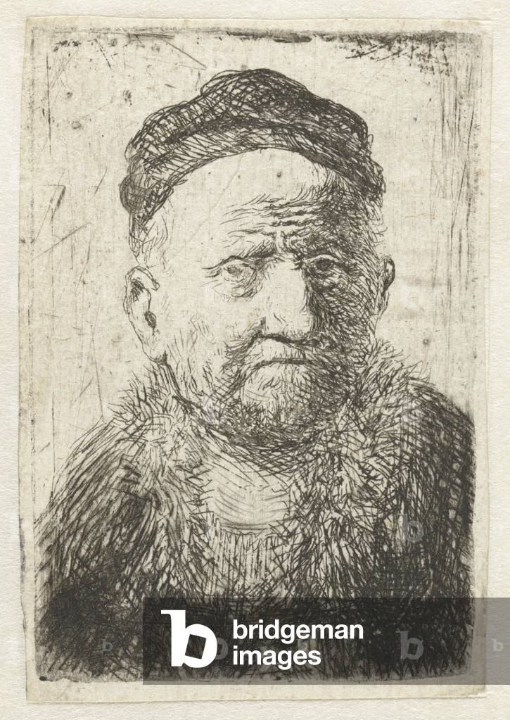 Image of Man (Rembrandt's father?) in skull cap (etching) by Rembrandt ...