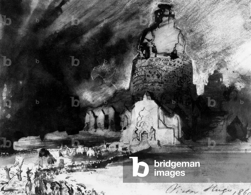 Image of Handwriting of Victor Hugo down his drawing for his epic