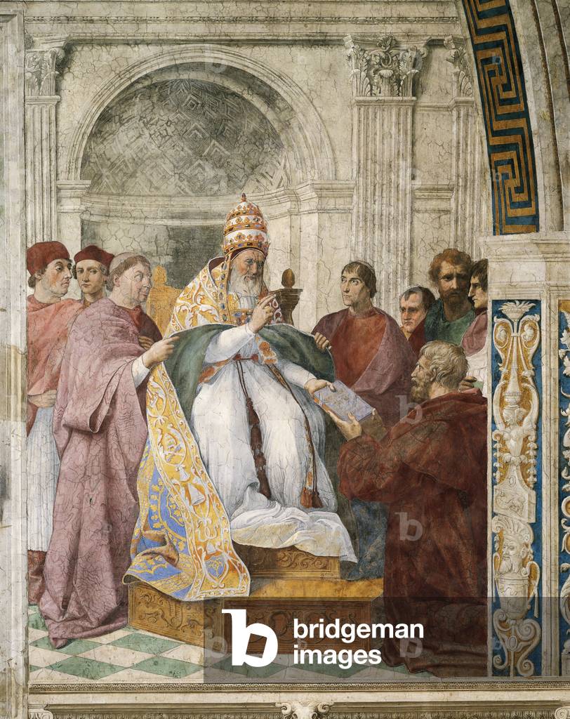 Image of Gregory IX approving the Decretals, 1508-1511, detail from Virtues and