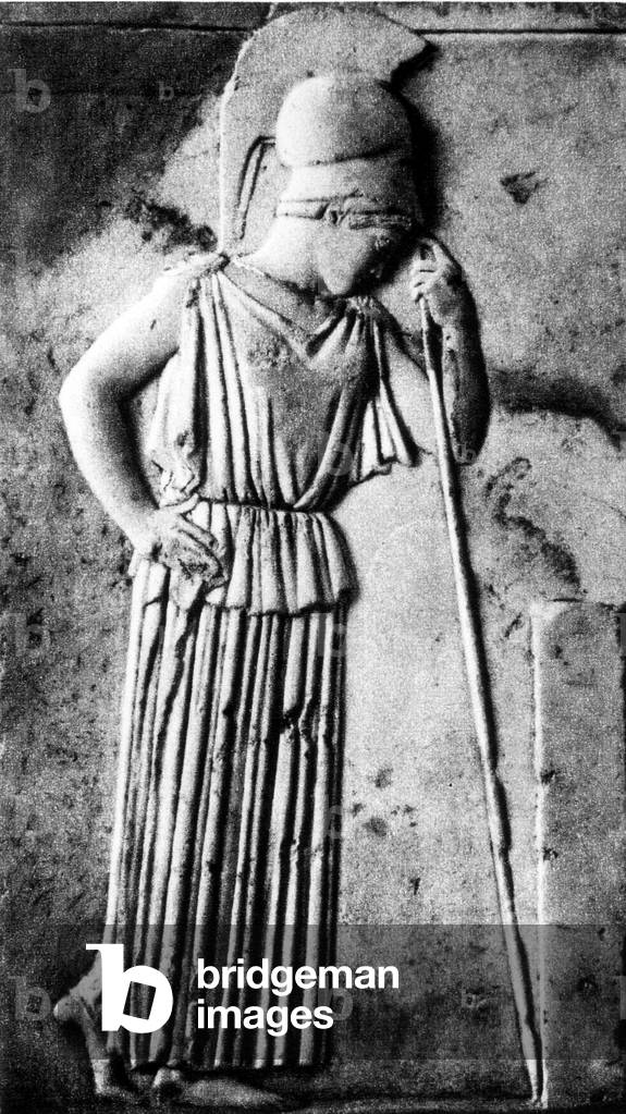 Image of The Greek goddess Athena with helmet and spear (b/w photo)