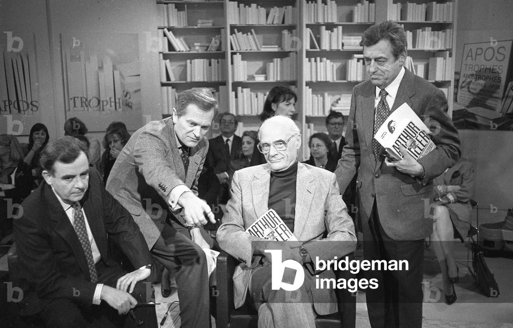 Image of Philippe Labro, Arthur Miller and François Perier, 1988 (b/w ...
