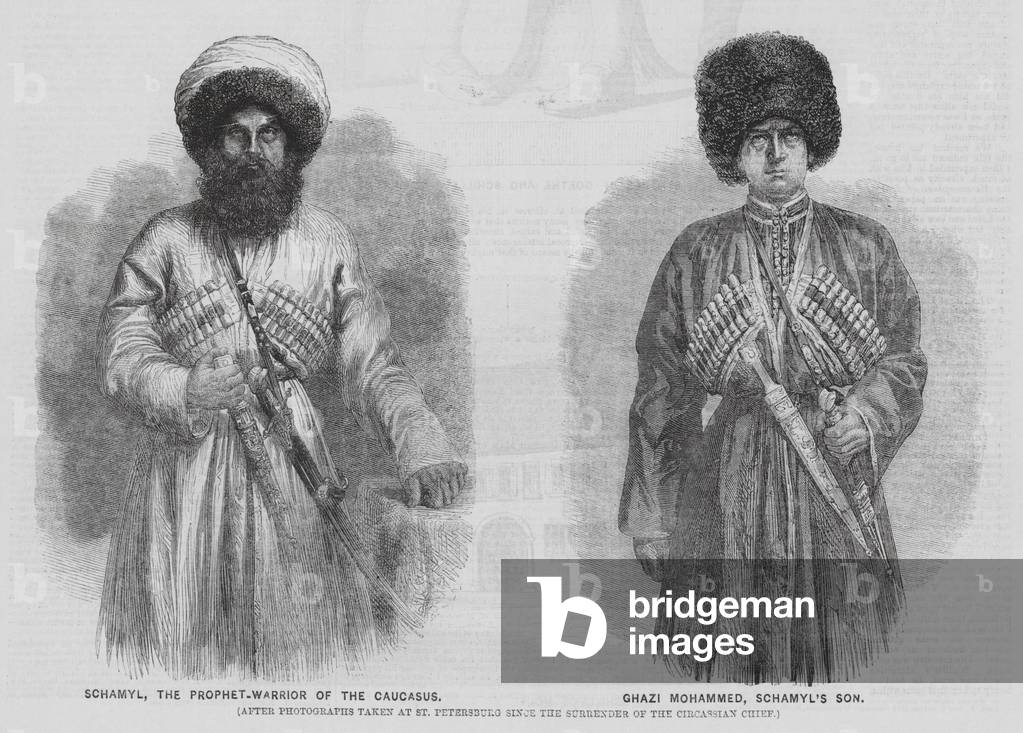 Image of Imam Shamil, ruler of Chechnya and Dagestan, and his son, by English School, (19th century)