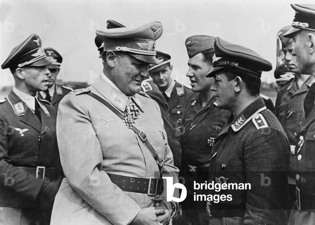 Hermann Goering with pilots of the Luftwaffe, 1943 (b/w photo) by